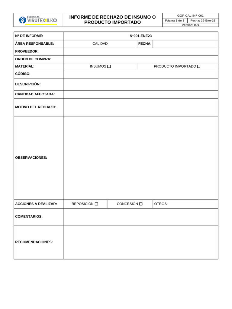 Gop-Cal-Inf-001 Informe de Rechazo (Ins-Imp) | PDF
