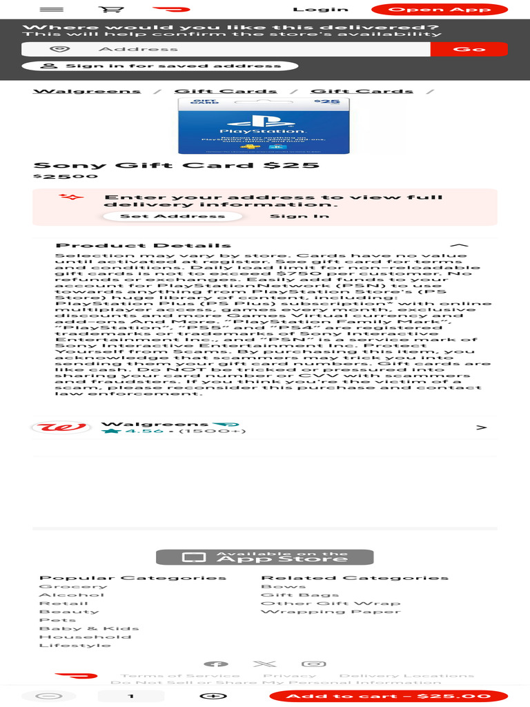 Sony Gift Card $25 Delivery - DoorDash | PDF