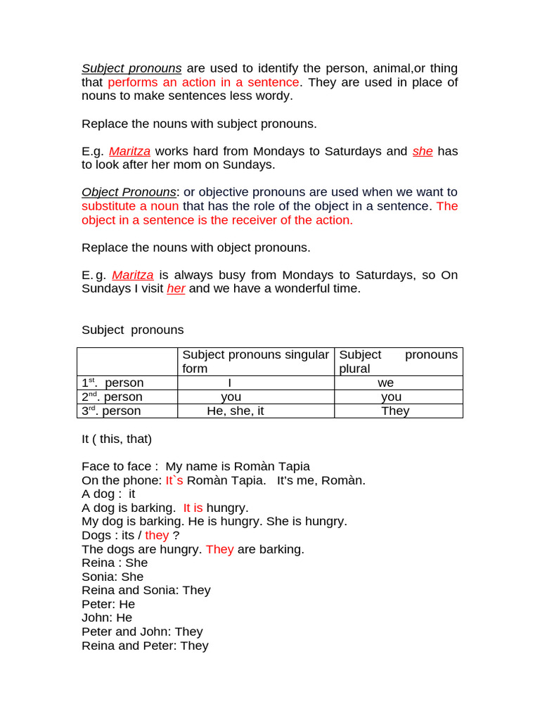 Subject and Object Pronouns Guide | PDF | Pronoun | English Language