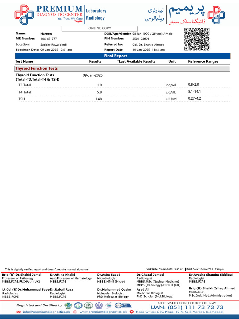 Thyroid Function Tests (Total-T3,Total-T4 & TSH)-2501-02691 | PDF ...