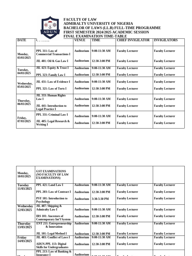 First Semester Exam Time Table | PDF | Educational Stages | Justice