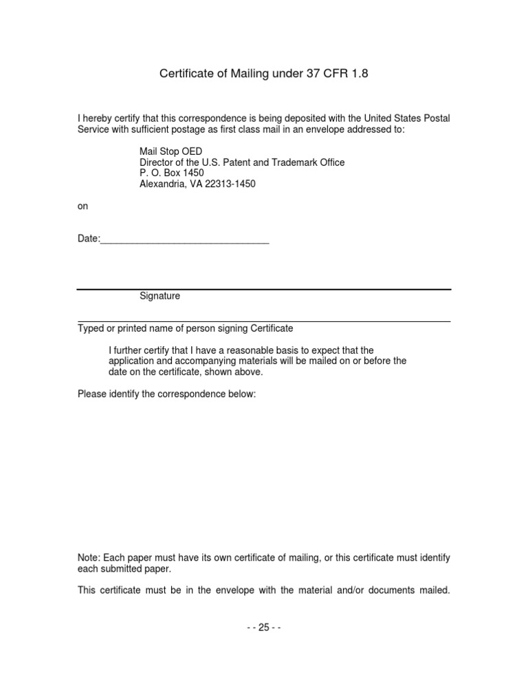 USPTO Certificate of Mailing | PDF | United States Patent And Trademark ...