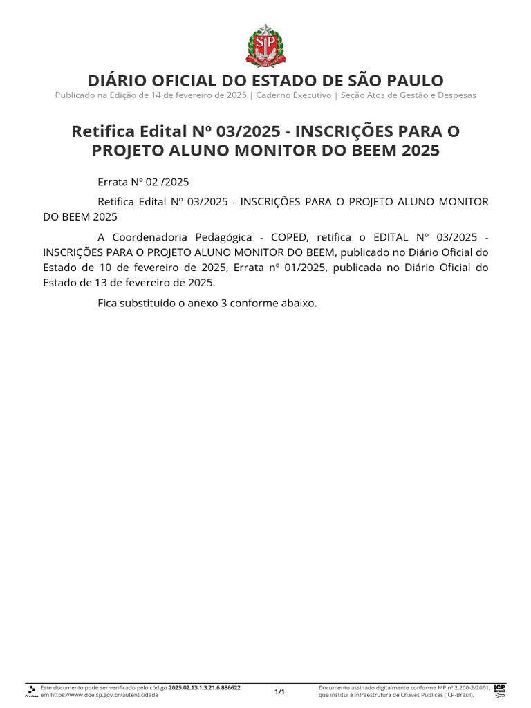 Edital Retificado Anexo 3 Aluno Monitor do BEEM 2025 | PDF
