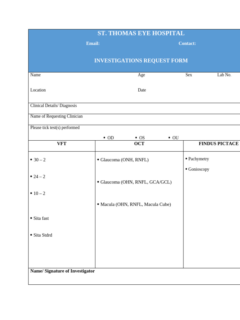 St. Thomas Eye Hospital Test Request Form | PDF