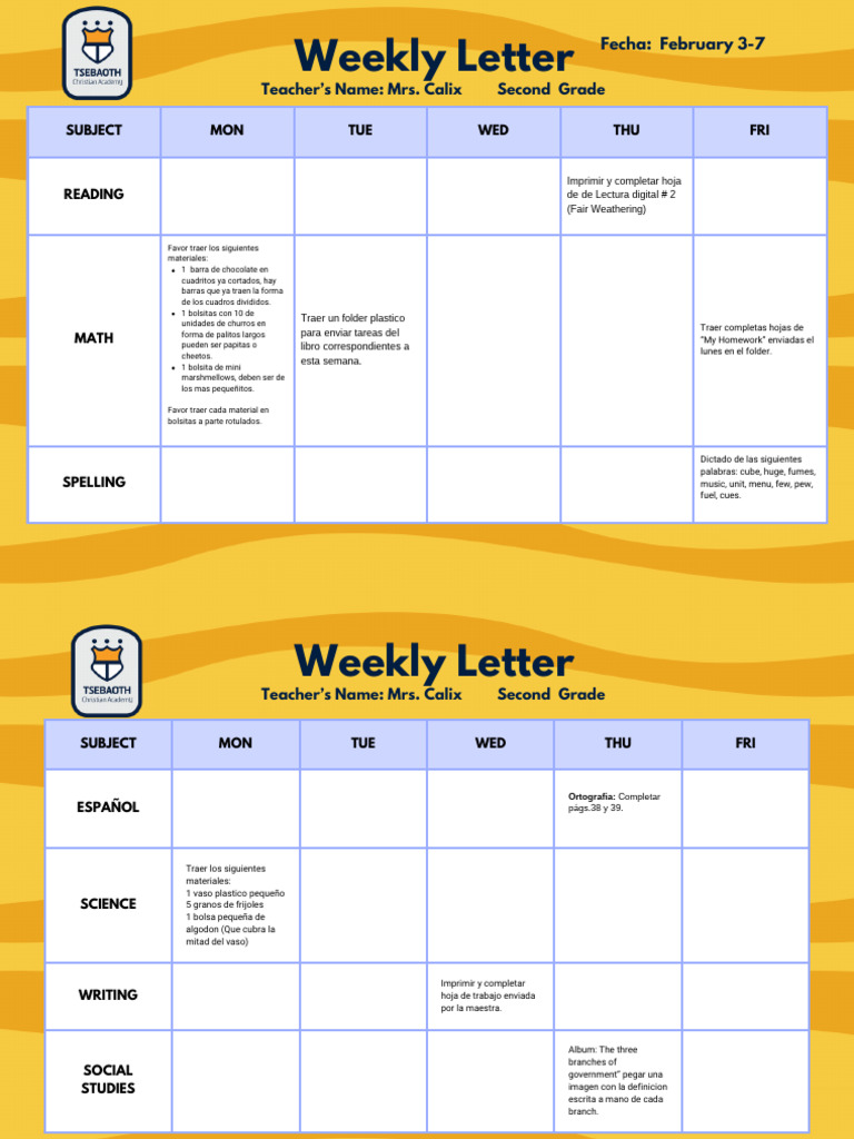 Weekly Letter - 2nd Grade 3-7 Febrero | PDF