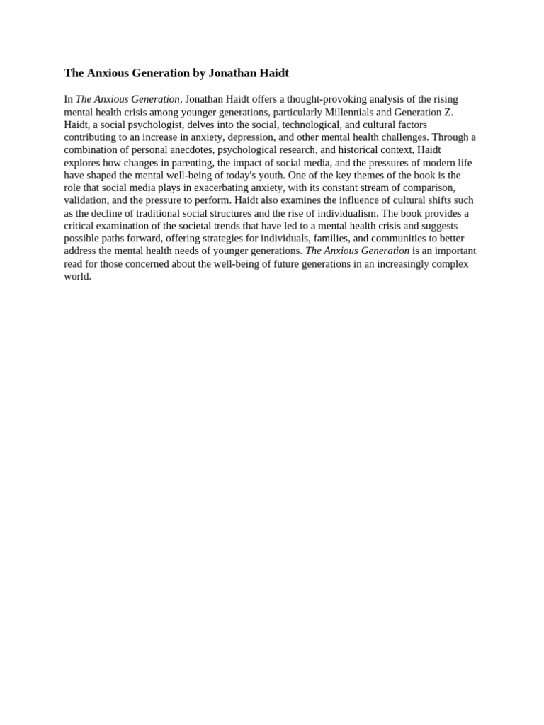 The Anxious Generation by Jonathan Haidt | PDF