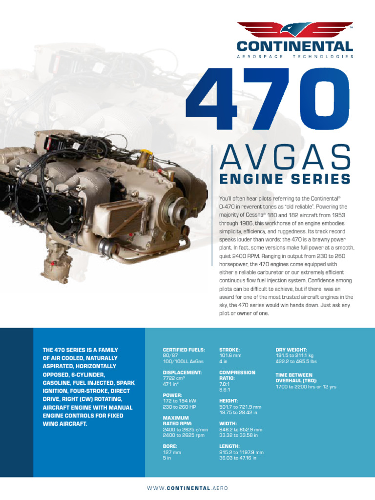 Continental Specsheet Avgas 470 Engine Series v2 WEB | PDF | Engines | Vehicles