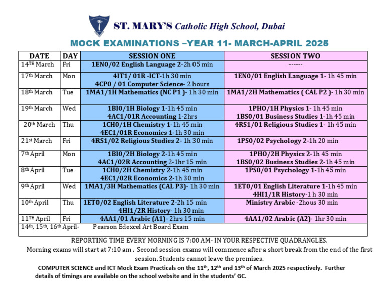 Mock Timetable Year 11 March A ... | PDF