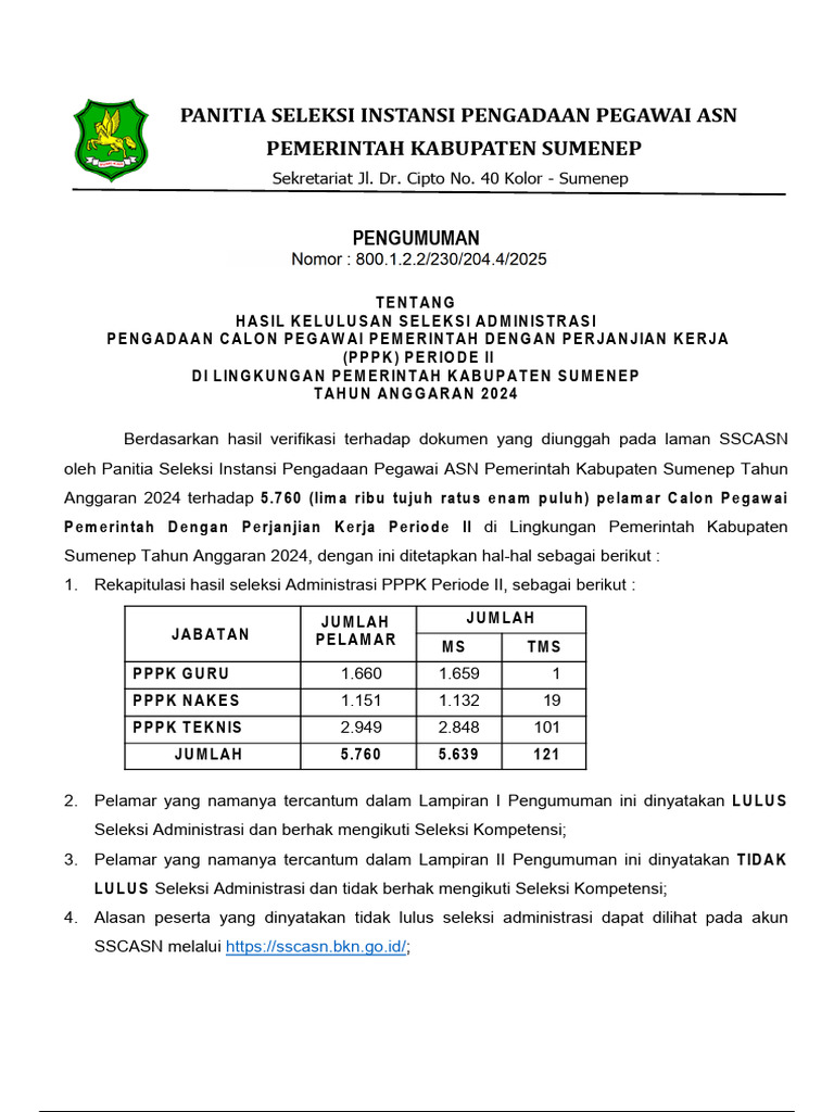 Pengumuman Hasil Administrasi Pra Sanggah PPPK Tahap II TA 2024 | PDF