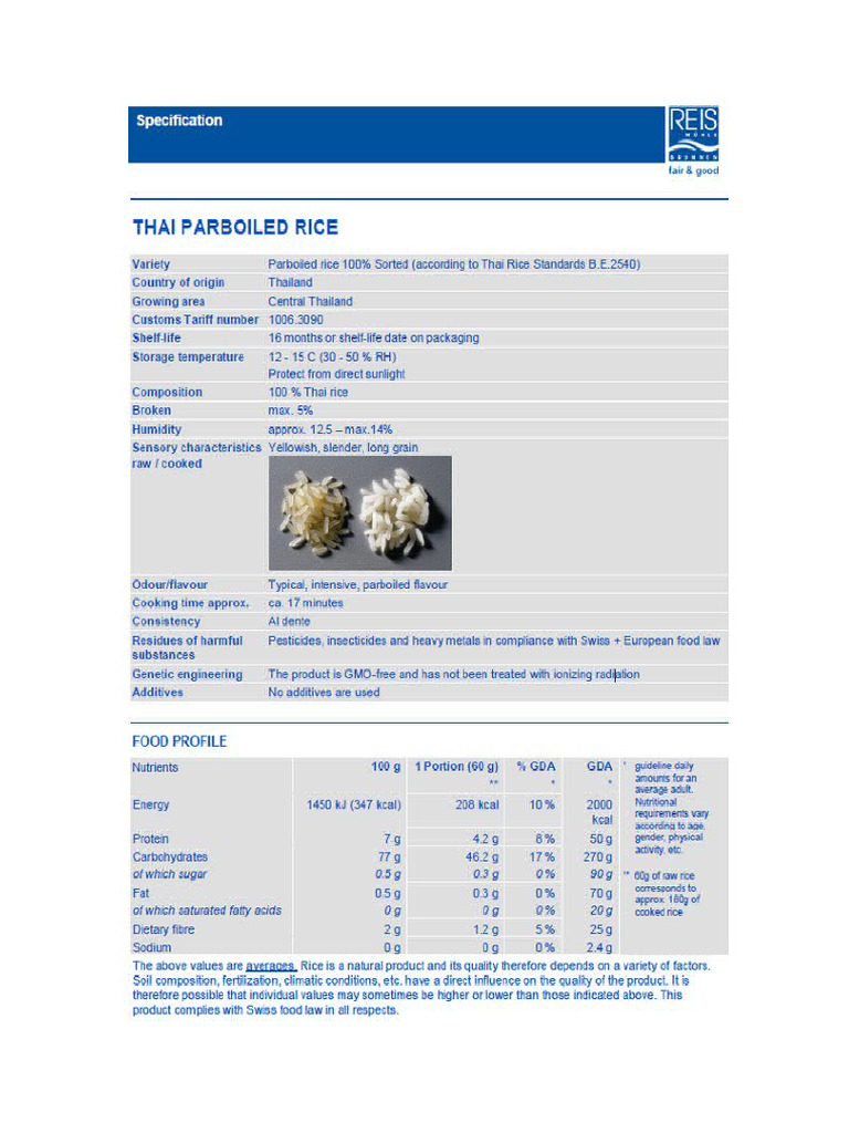 Parboiled Rice Specification | PDF