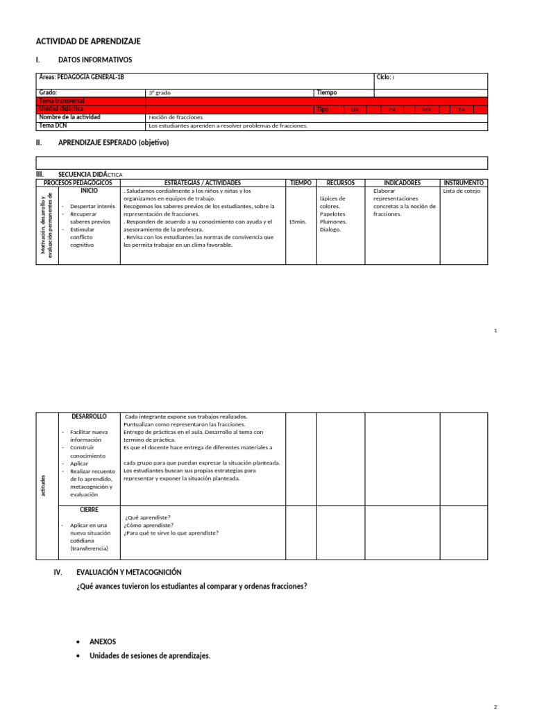 Formato_Sesion_de_aprendizaje_Primaria (1) | PDF | Aprendizaje | Maestros
