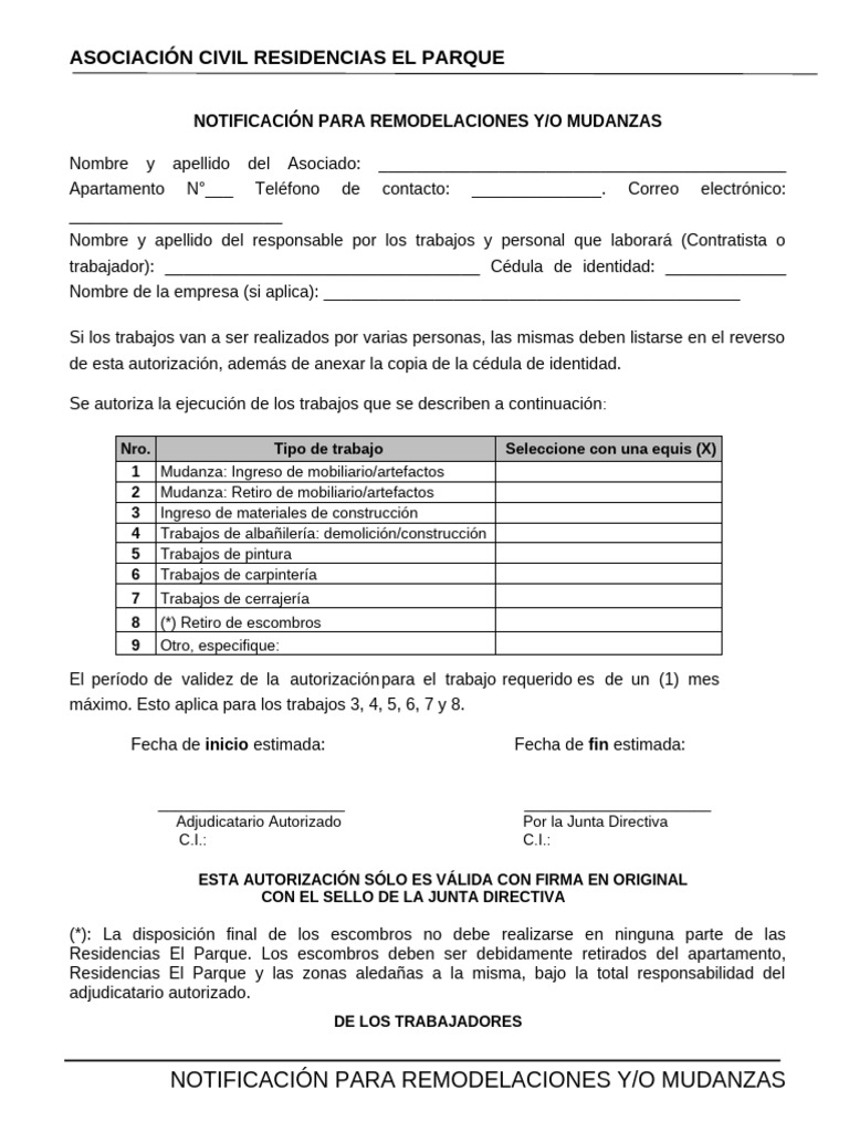 Modelo Notificación para Remodelaciones - Mudanzas | PDF
