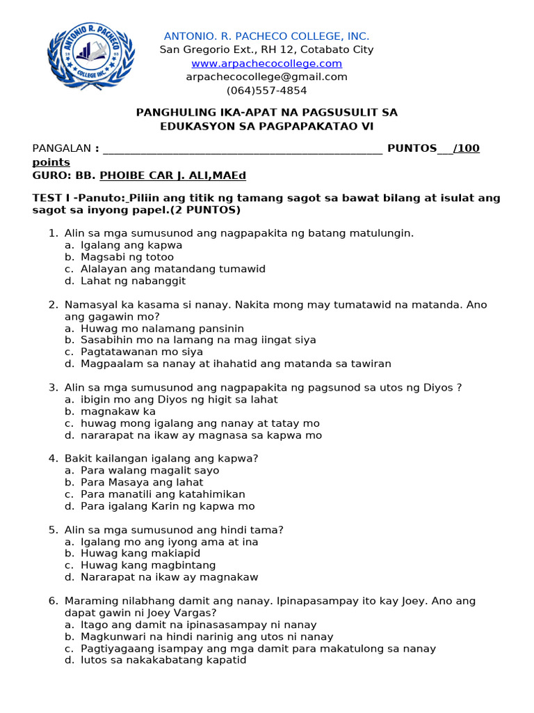 Test Questionnaire Sample | PDF