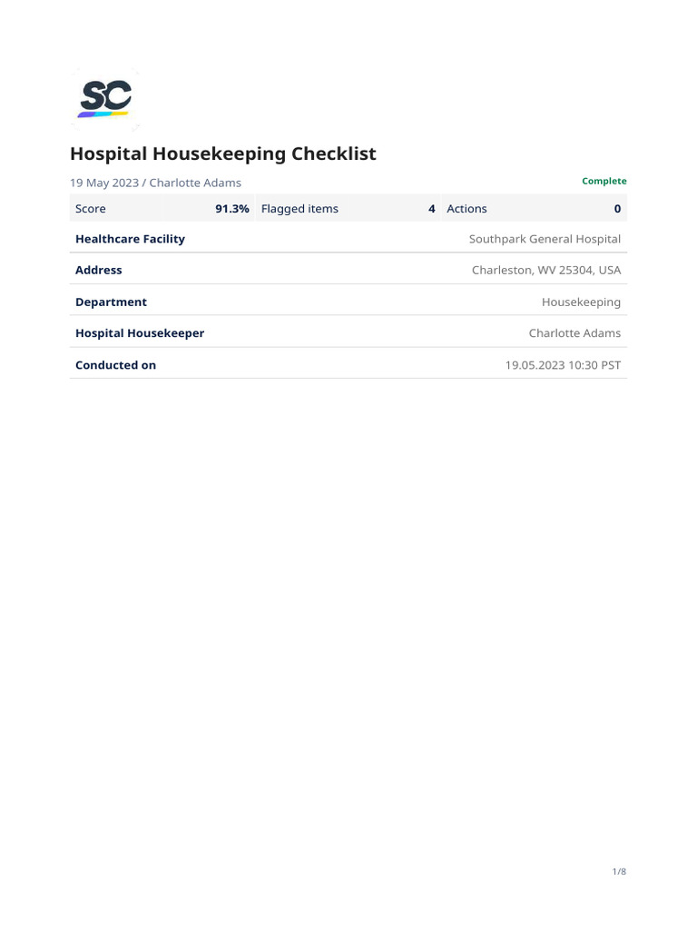 Hospital Housekeeping Checklist Sample PDF Report | PDF | Housekeeping ...