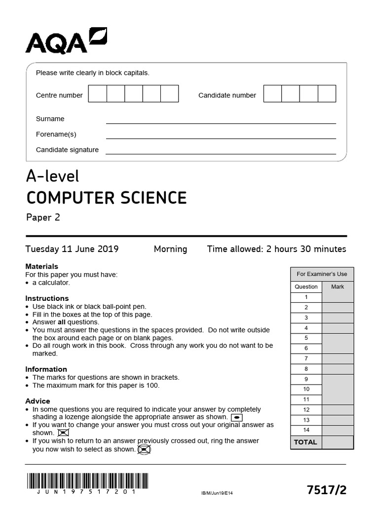 June 2019 QP - Paper 2 AQA Computer Science A-level | PDF | Encryption | Cipher