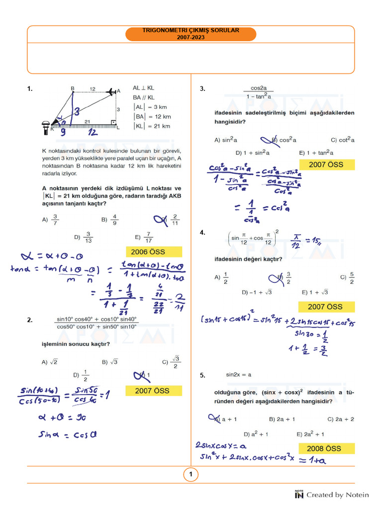 Trigonometri Cikmiş Sorular 2007 2023 | PDF
