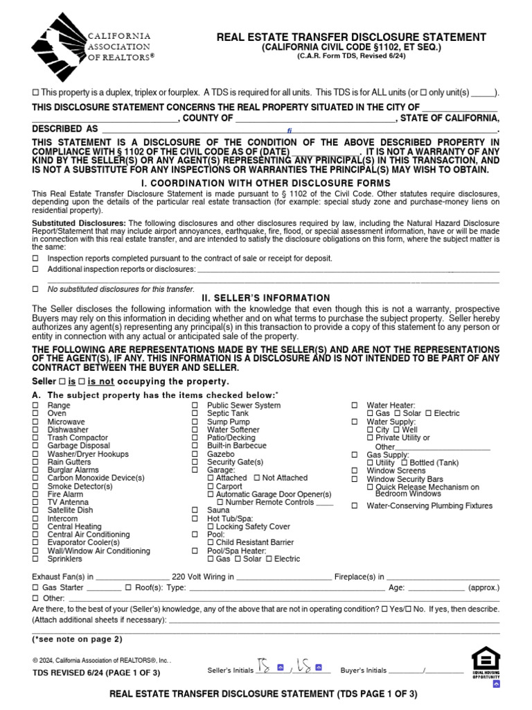 Disclosures - (TDS) Real Estate Transfer Disclosure Statement - 971 PFR ...