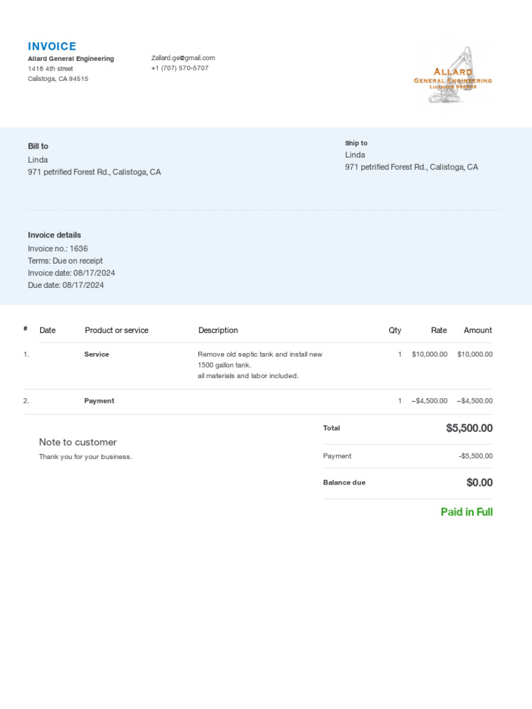 Inspection Repairs - Septic Tank Replacement Invoice - 1633 - From ...