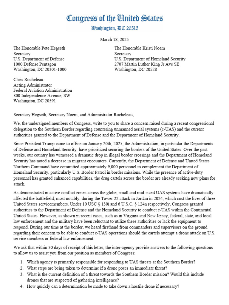 20250318-border-c-uas-letter-1 | PDF | United States Department Of ...