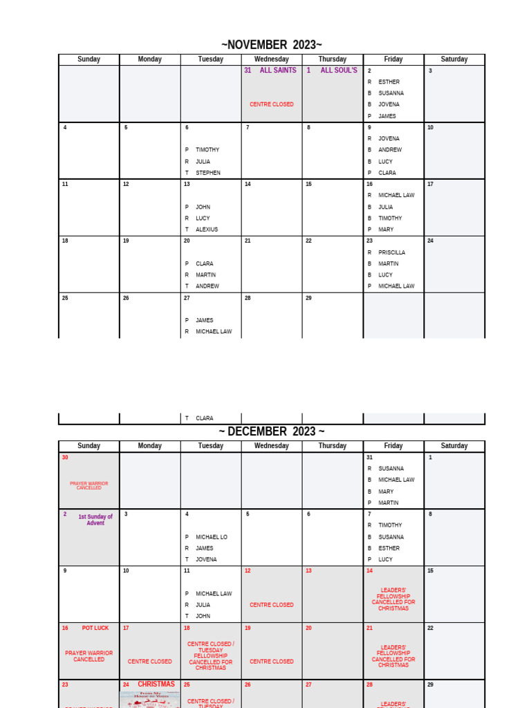 Leaders Schedule - Nov - Dec 2023 | PDF | Christian Worship And Liturgy