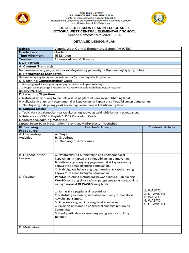 Detailed Lesson Plan in Esp Grade 5 | PDF