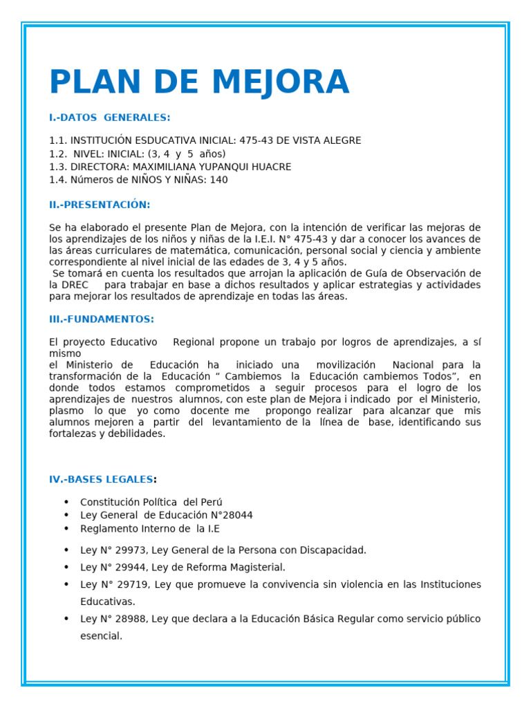 Plan de Mejora Nivel Inicial 2024 | PDF | Educación de la primera infancia | Evaluación