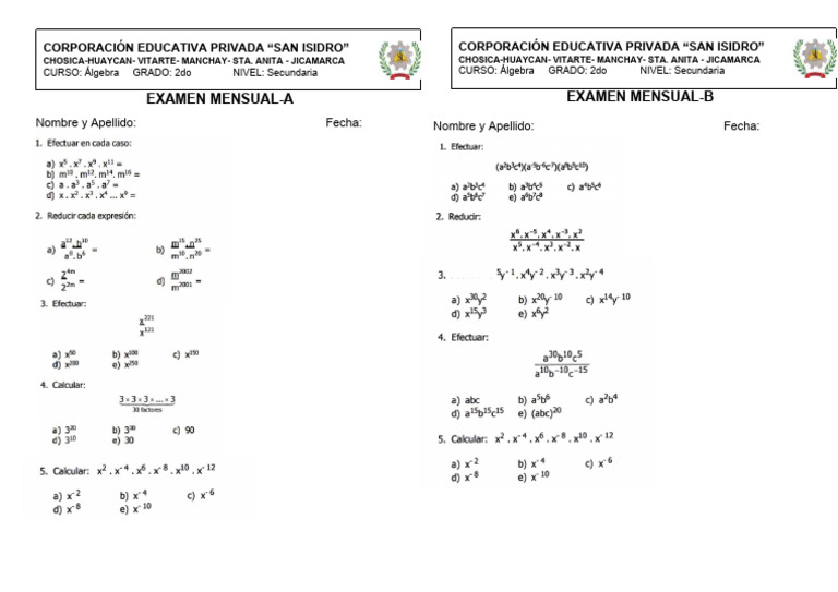 Examen de Algebra 2sec | PDF