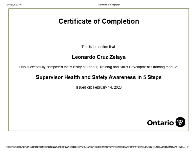 Certificate of Completion Supervisor Health and Safety Awareness in 5 ...