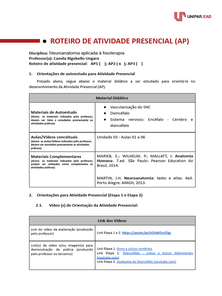2024_Modelo_Roteiro_Atividade_Presencial-AP2_Aluno.docx | PDF | Córtex cerebral | Cérebro