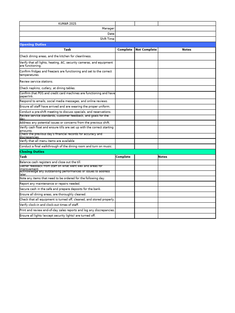 Restaurant Manager Checklist Excel Template | PDF | Refrigerator ...