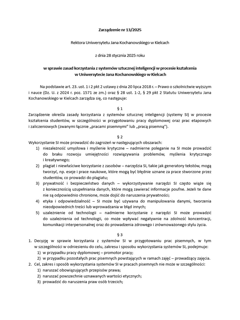 Zarządzenie nr 13-2025 zasady korzystania z systemów sztucznej inteligencji | PDF