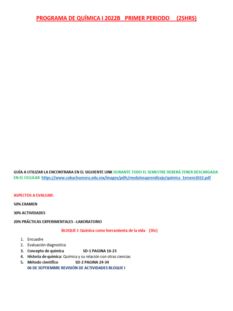 Programa de Química I 2022b - Primer Periodo | PDF | Experimentar | Química
