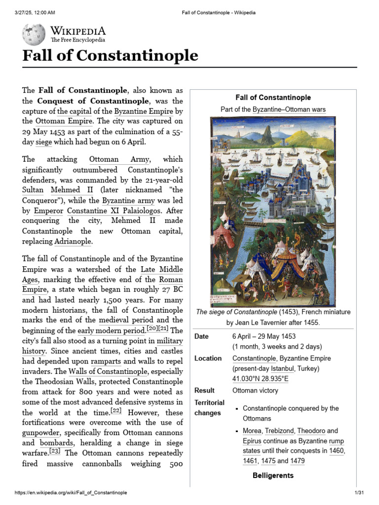 Fall of Constantinople - Wikipedia | PDF | Constantinople | Byzantine ...