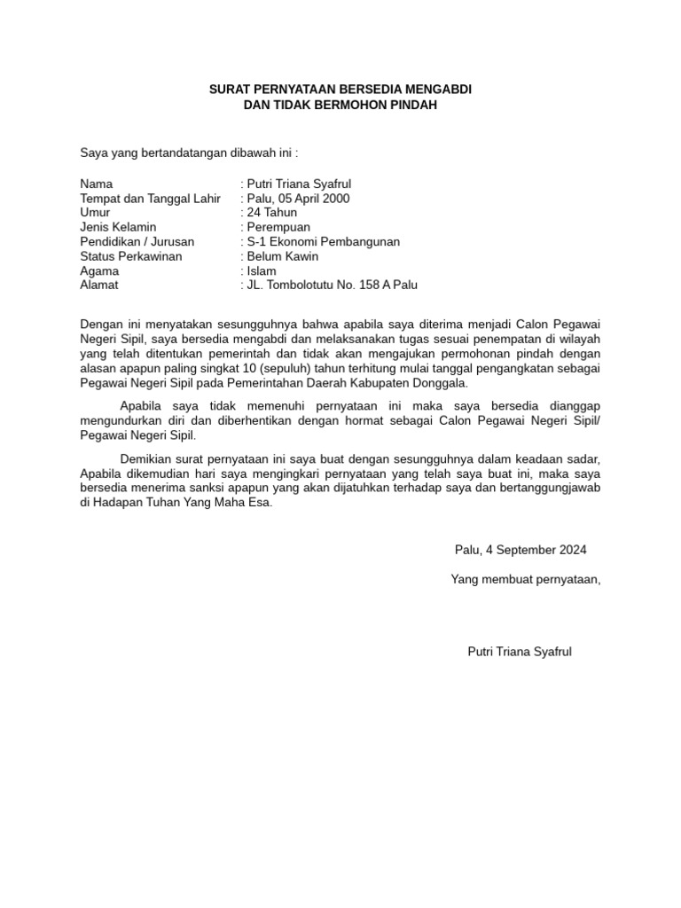 Surat Pernyataan Bersedia Mengabdi Putri | PDF