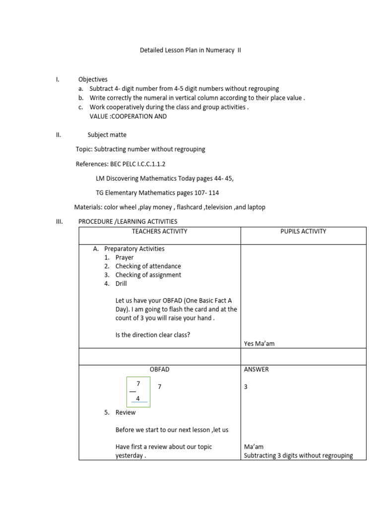 A Detailed Lesson Plan in Mathematics II (Autosaved) | PDF | Subtraction | Arithmetic