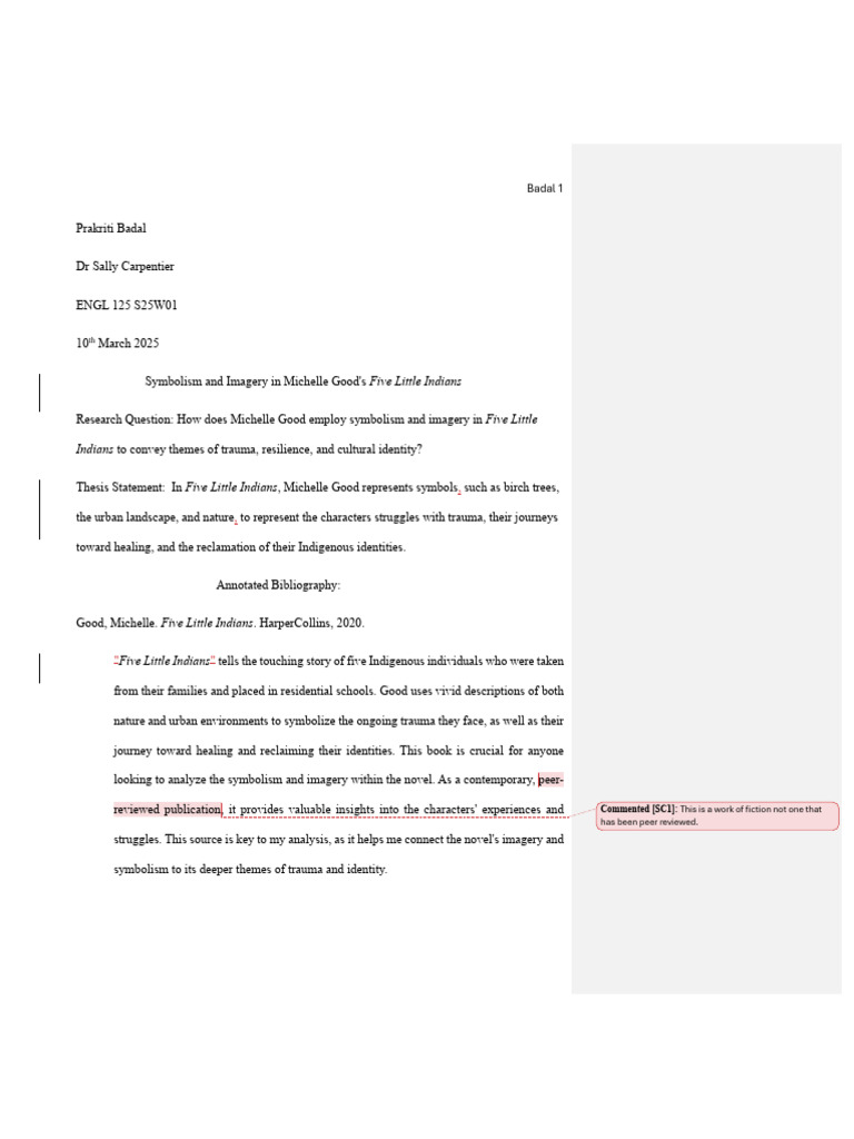 Symbolism in Michelle Good's Five Little Indians | PDF
