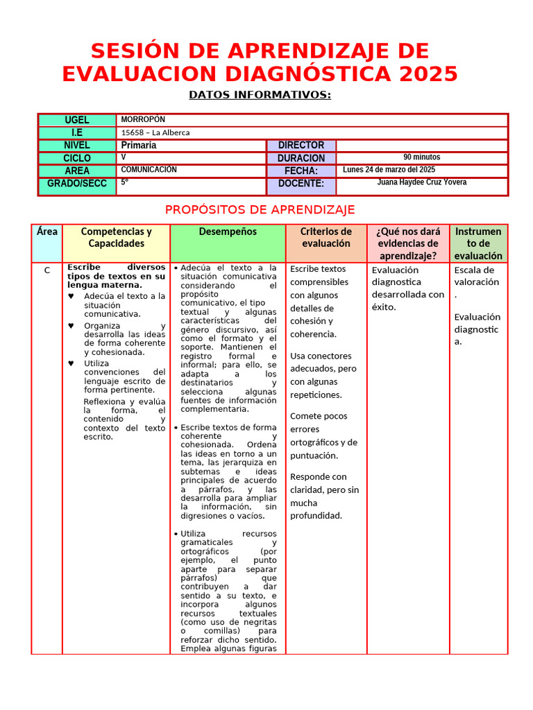 Sesion de Aprendizaje de La - Evaluacion Diagnostica 2025 | PDF | Evaluación | Aprendizaje