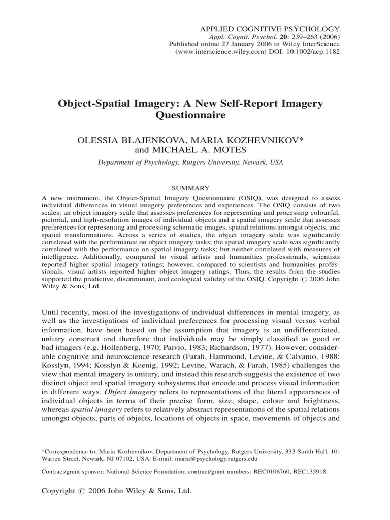 Blajenkova 2006 Object-Spatial Imagery OSIQ | PDF | Mental Image | Validity (Statistics)
