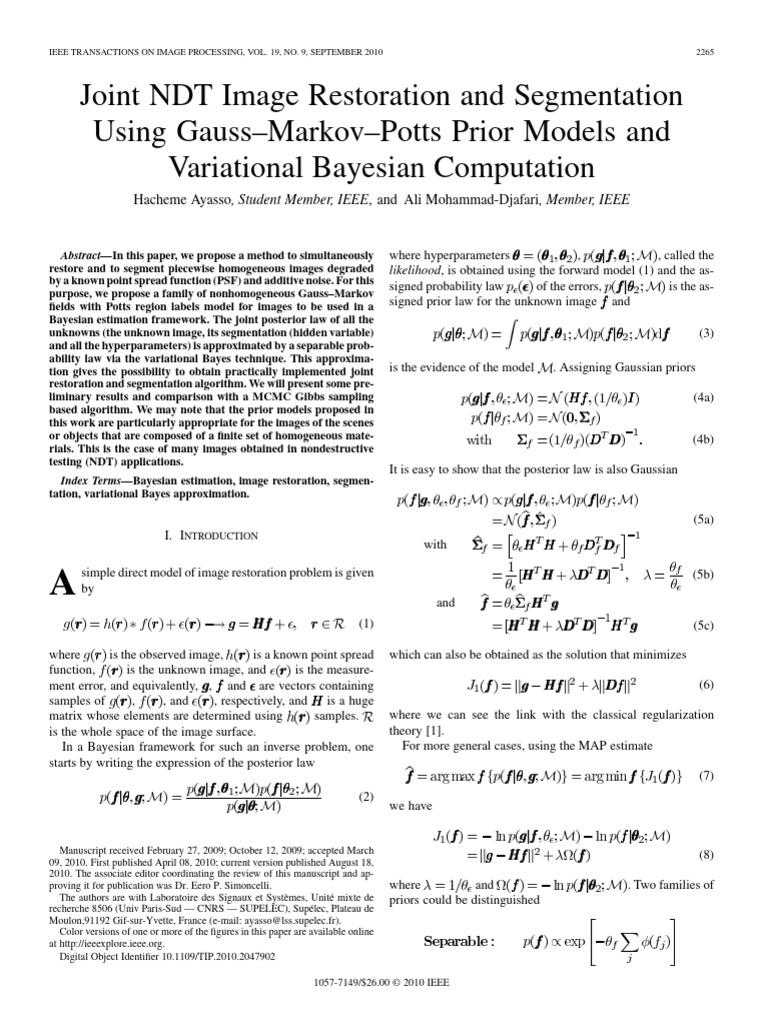 Joint NDT Image Restoration and Segmentation Using GaussMarkovPotts Prior Models and Variational ...