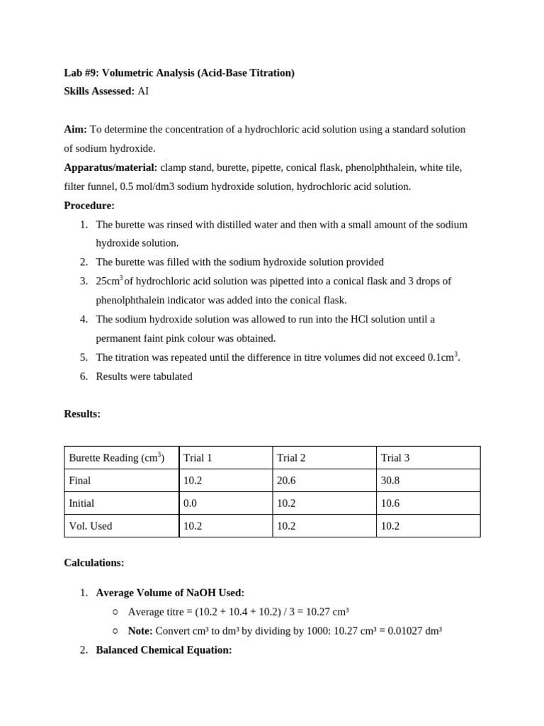 Acid-Base Titration: HCl Concentration Determination | PDF | Titration ...