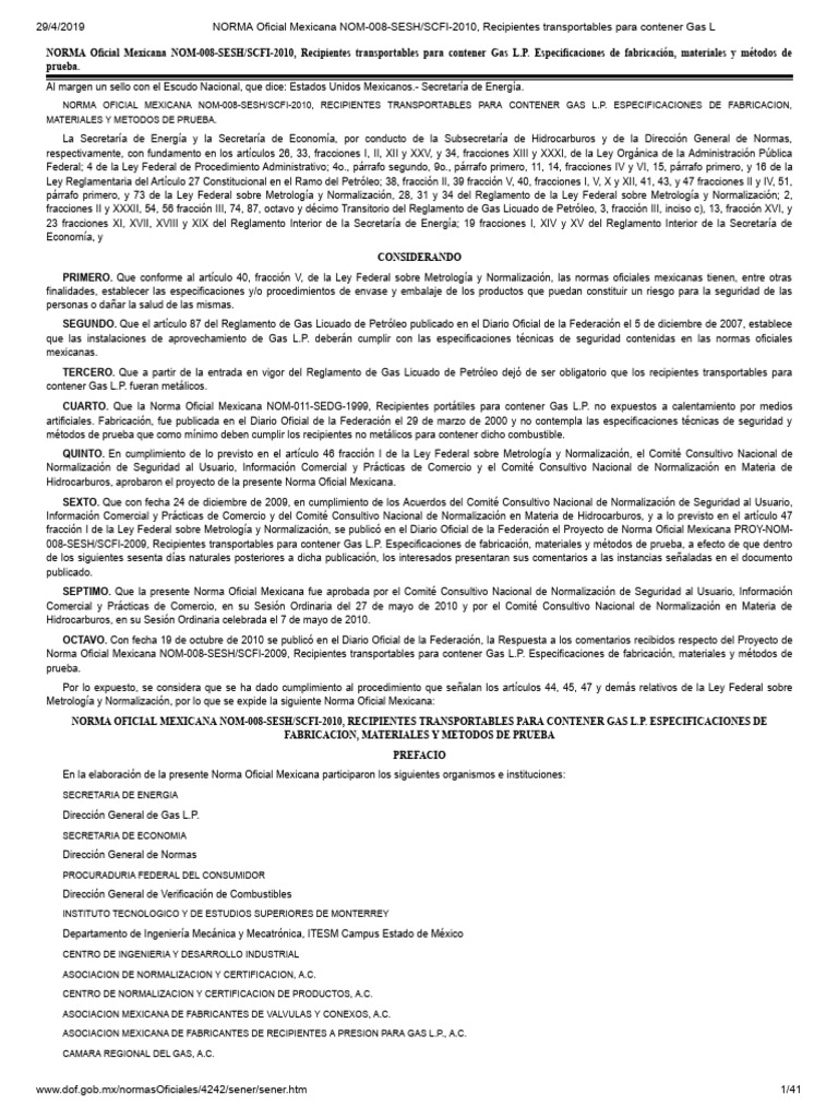 NORMA Oficial Mexicana NOM-008-SESH_SCFI-2010, Recipientes ...