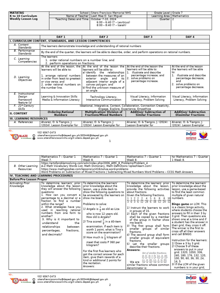 WLL G7 Mathematics Q2 Wk2 LMOSM | PDF | Subtraction | Arithmetic