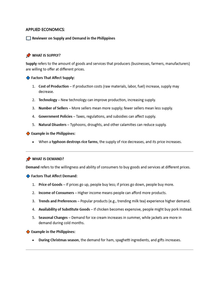 Reviewer Applied Economics Fourth Quarter | PDF | Supply (Economics) | Demand