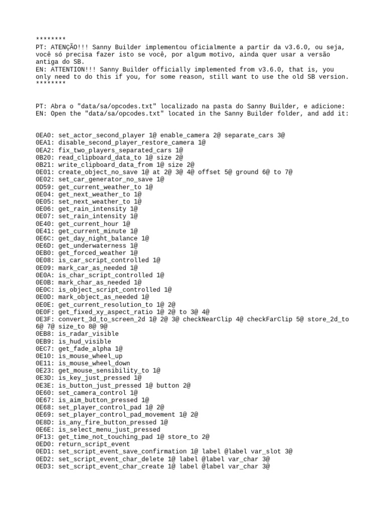 CLEO+ Sanny Builder - Opcodes - TXT | PDF