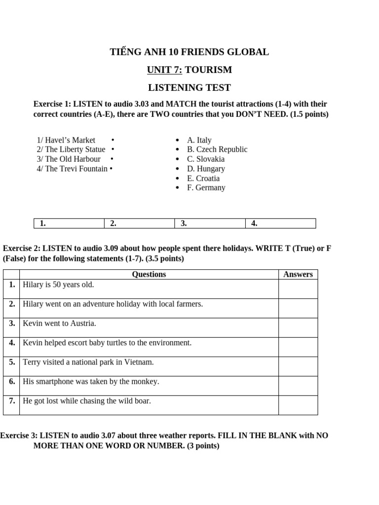 Unit 7 Listening: Tourism Exercises | PDF