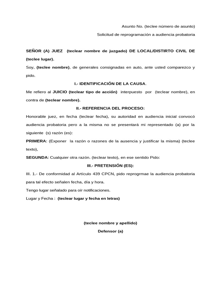 Escrito de Reprogramación de Audiencia Inicial | PDF