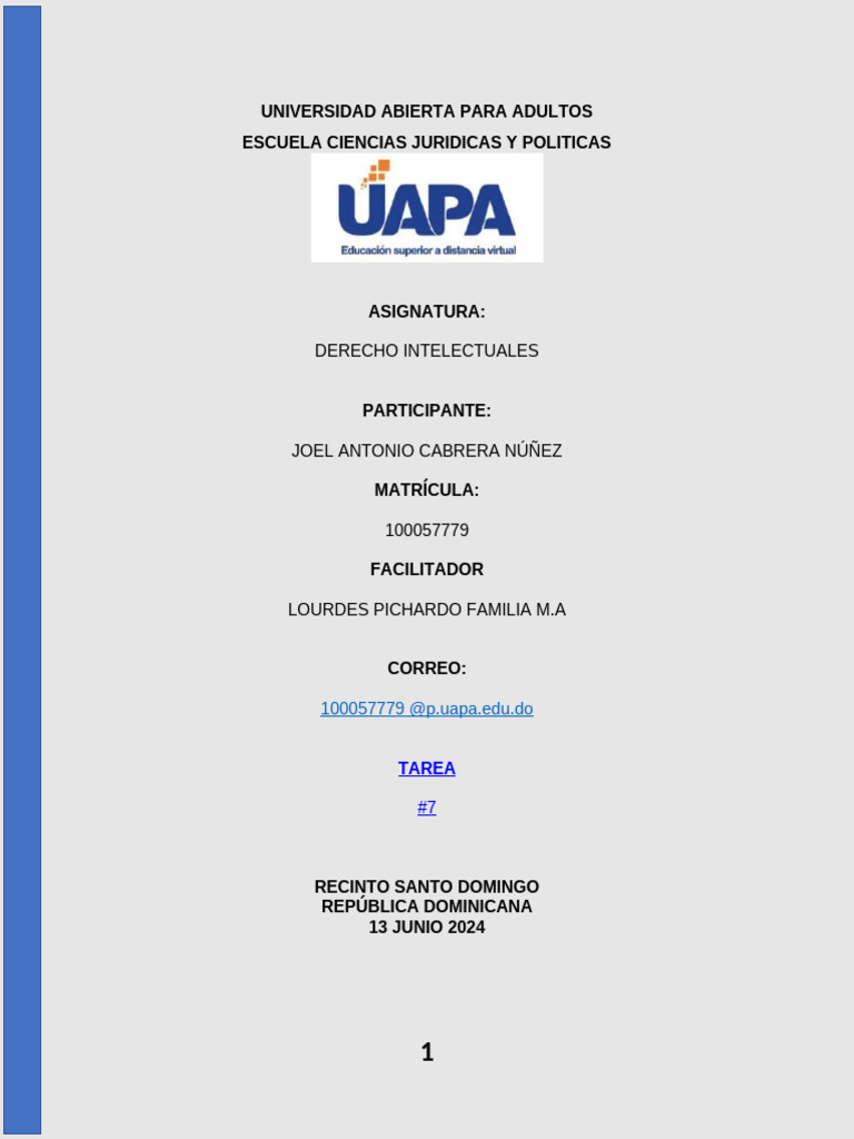 Tarea 7 Derecho Intelectual Joel Cabrera | PDF | Patentar