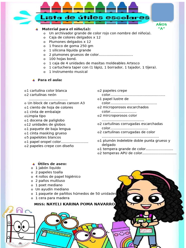 LISTA DE UTILES ESCOLARES 4 AÑOS A Miss Kary | PDF