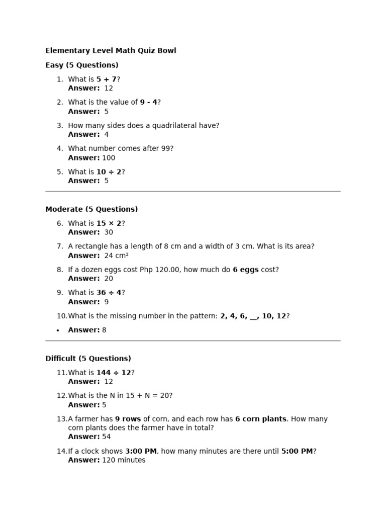 Elementary Level Math Quiz Bowl | PDF
