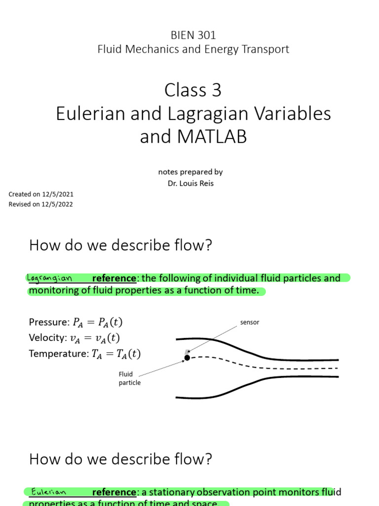 03S Eulerian and Lagrangian variables and MATLAB | PDF | Fluid Dynamics | Dynamics (Mechanics)